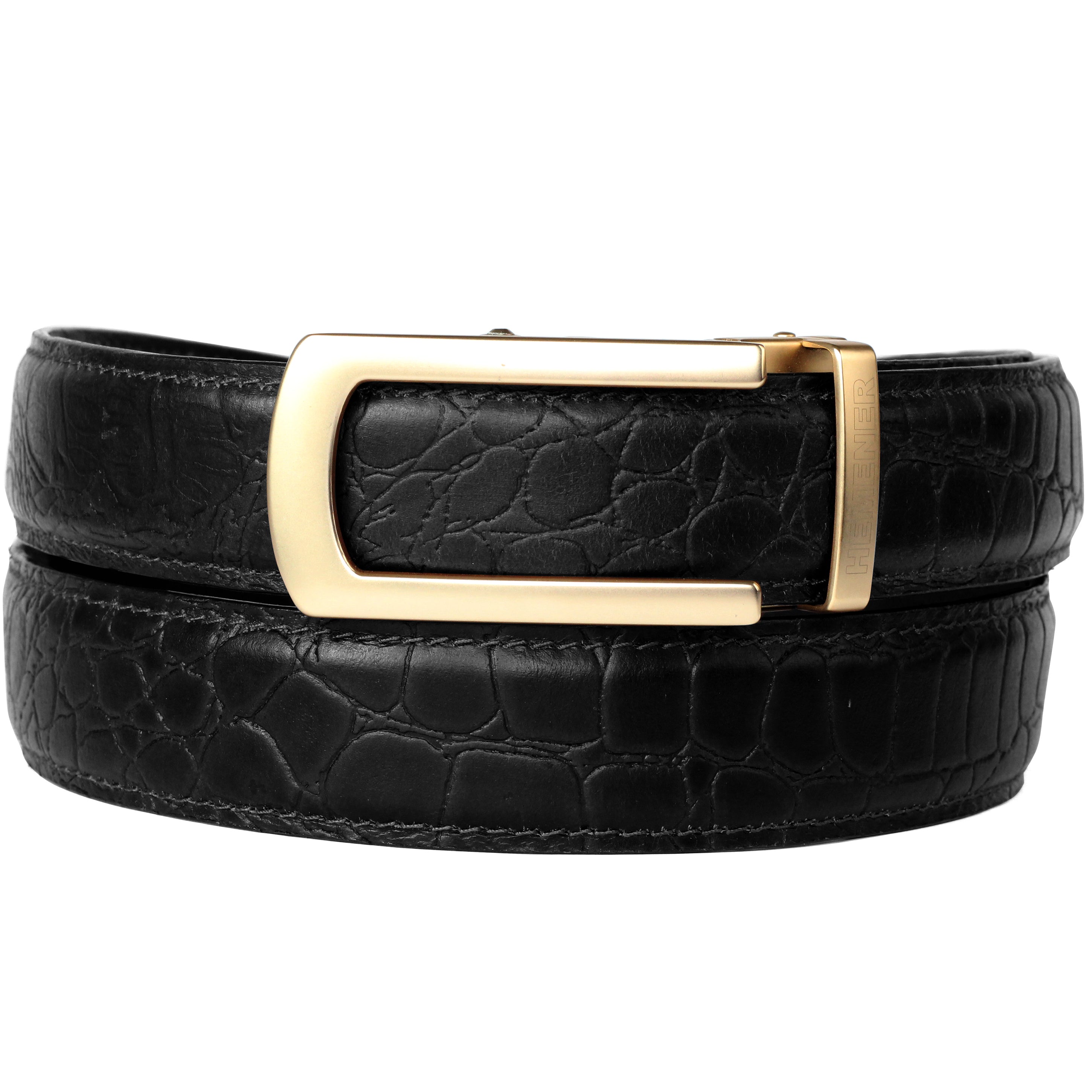 Hemener Men Metal Auto Grip Buckle Black Croc Pattern Genuine Leather