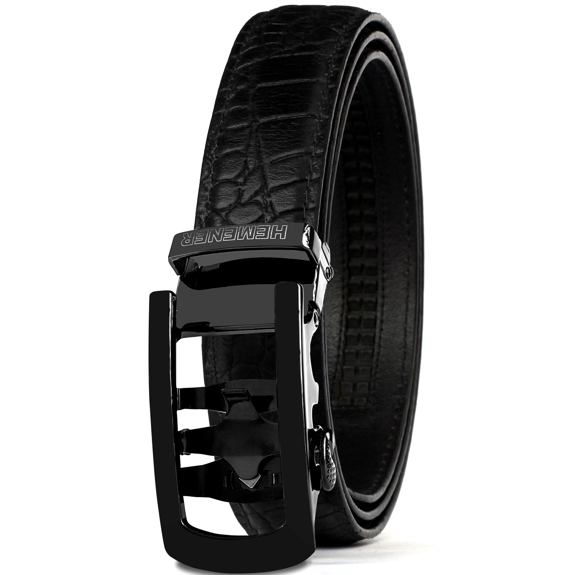 Hemener Men Metal Auto Grip Buckle Black Croc Pattern Genuine Leather