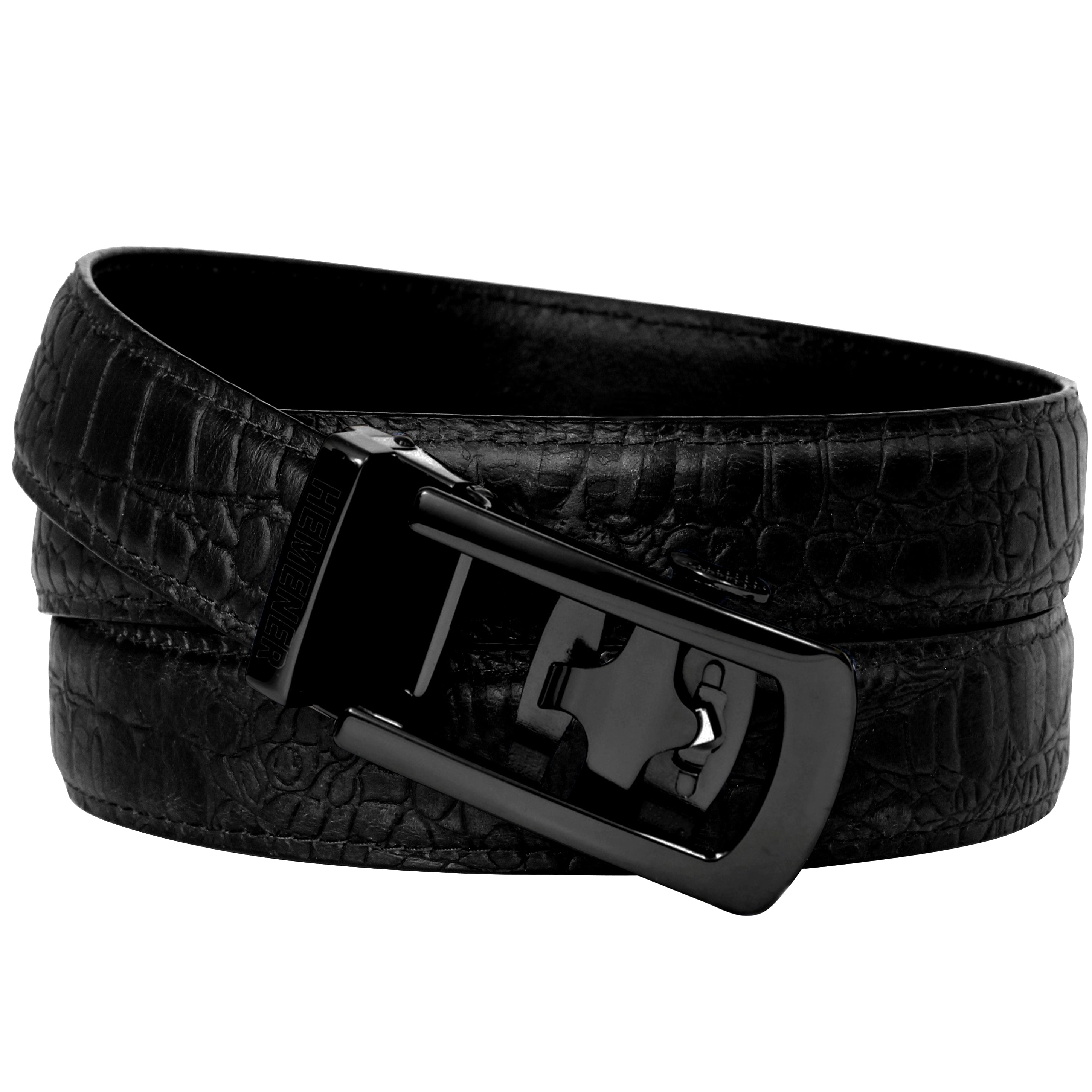 Hemener Men Metal Auto Grip Buckle Black Croc Pattern Genuine Leather