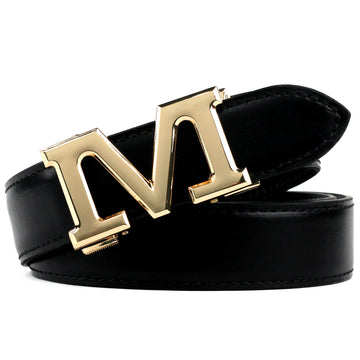 Hemener Men M Letter Metal Buckle Black Genuine Leather Belt